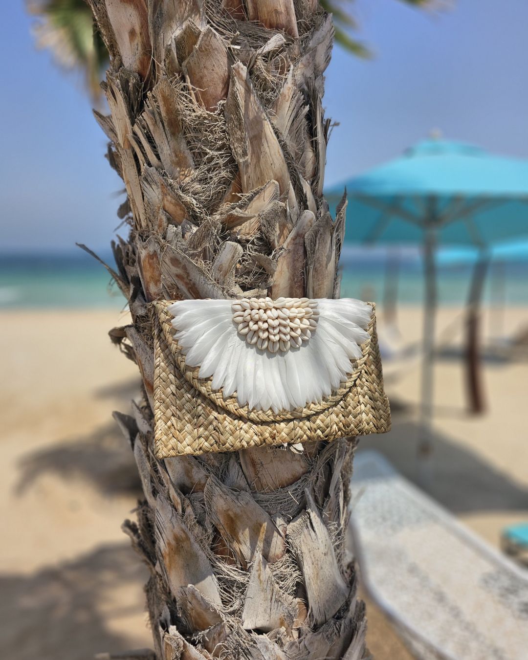 Faye Feather & Cowrie Shell Clutch – White – OhSun Dubai